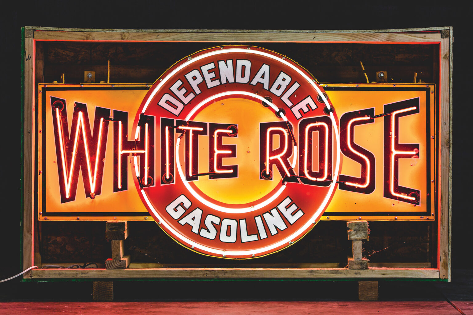 An Original, Working White Rose Gasoline Neon Sign