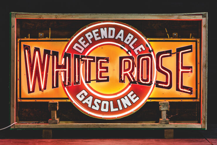 An Original, Working White Rose Gasoline Neon Sign