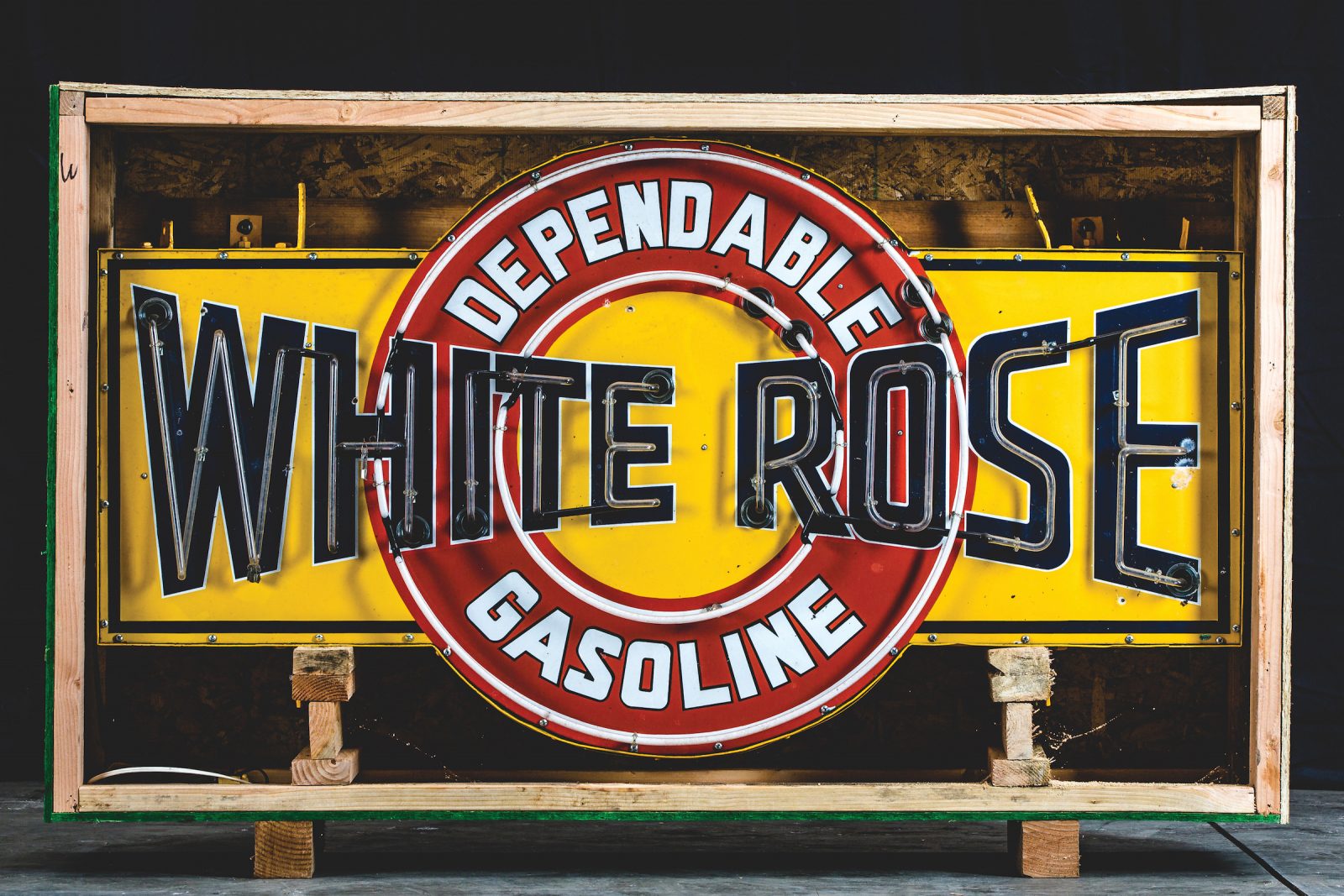 An Original, Working White Rose Gasoline Neon Sign