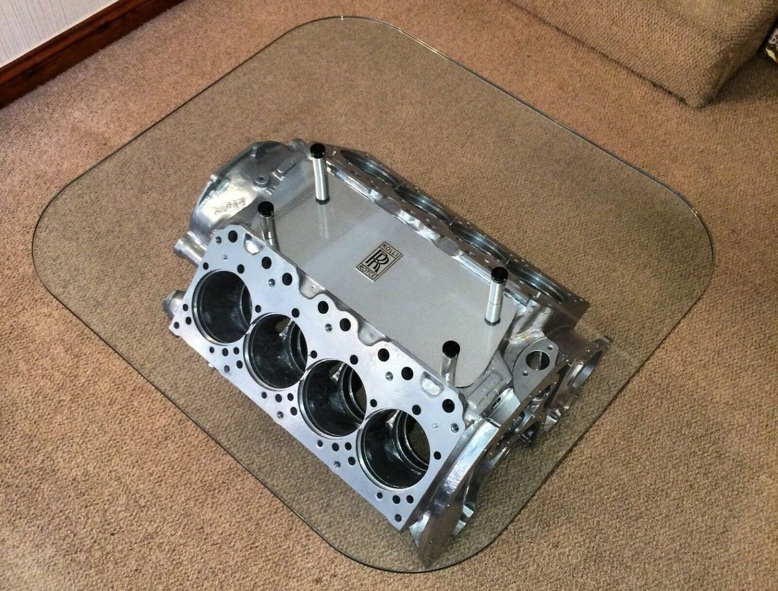 A Rolls-Royce 6.75 Liter V8 Engine Block Coffee Table