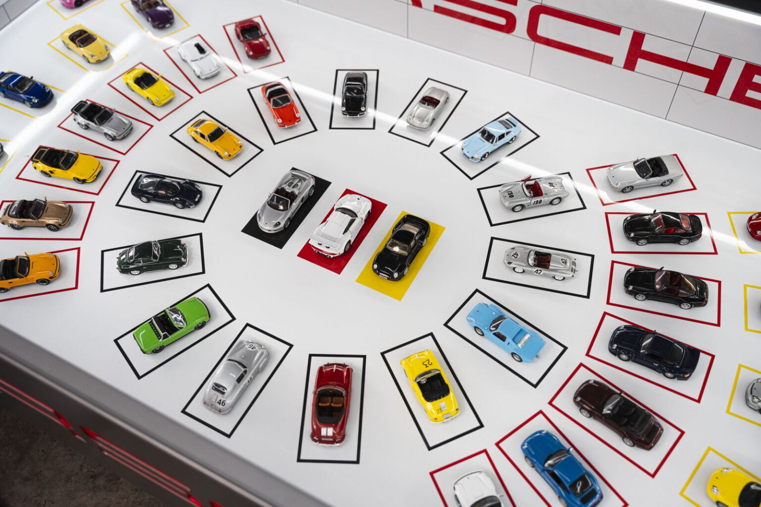 Porsche Coffee Table Containing 45 Scale Model Cars