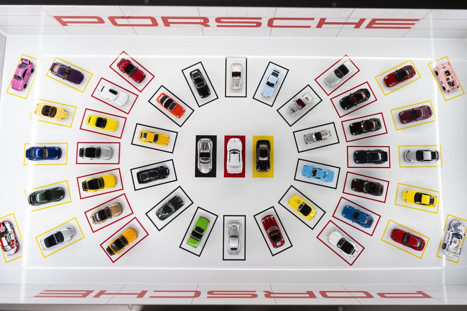 Porsche Coffee Table Containing 45 Scale Model Cars