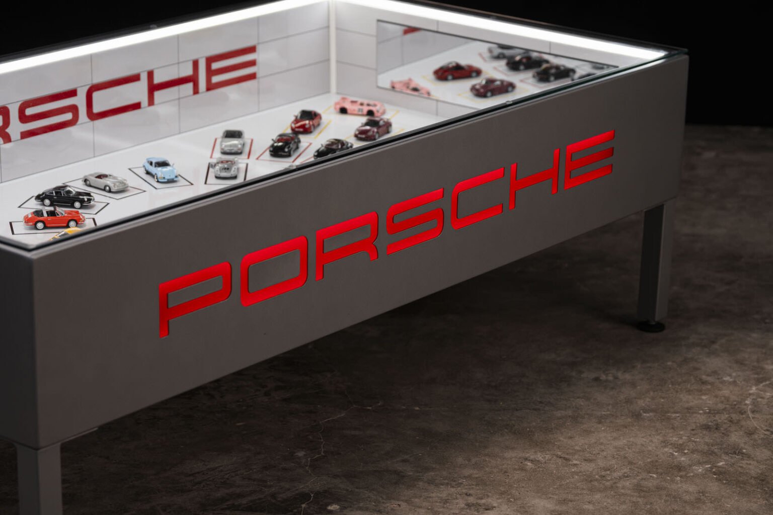 Porsche Coffee Table Containing 45 Scale Model Cars