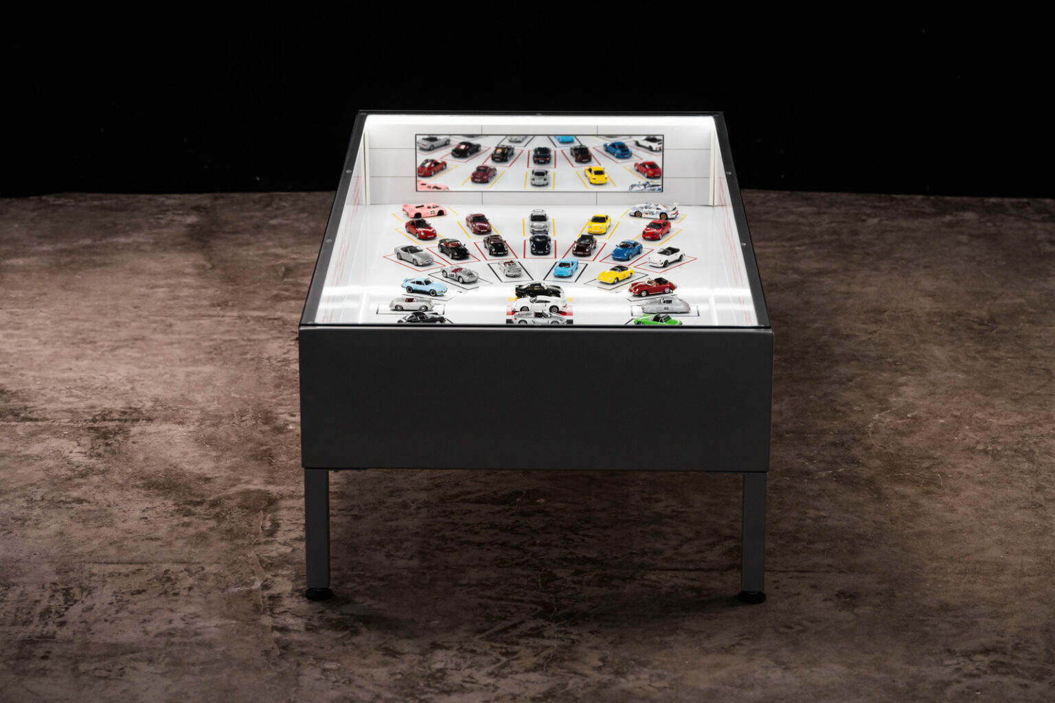 Porsche Coffee Table Containing 45 Scale Model Cars