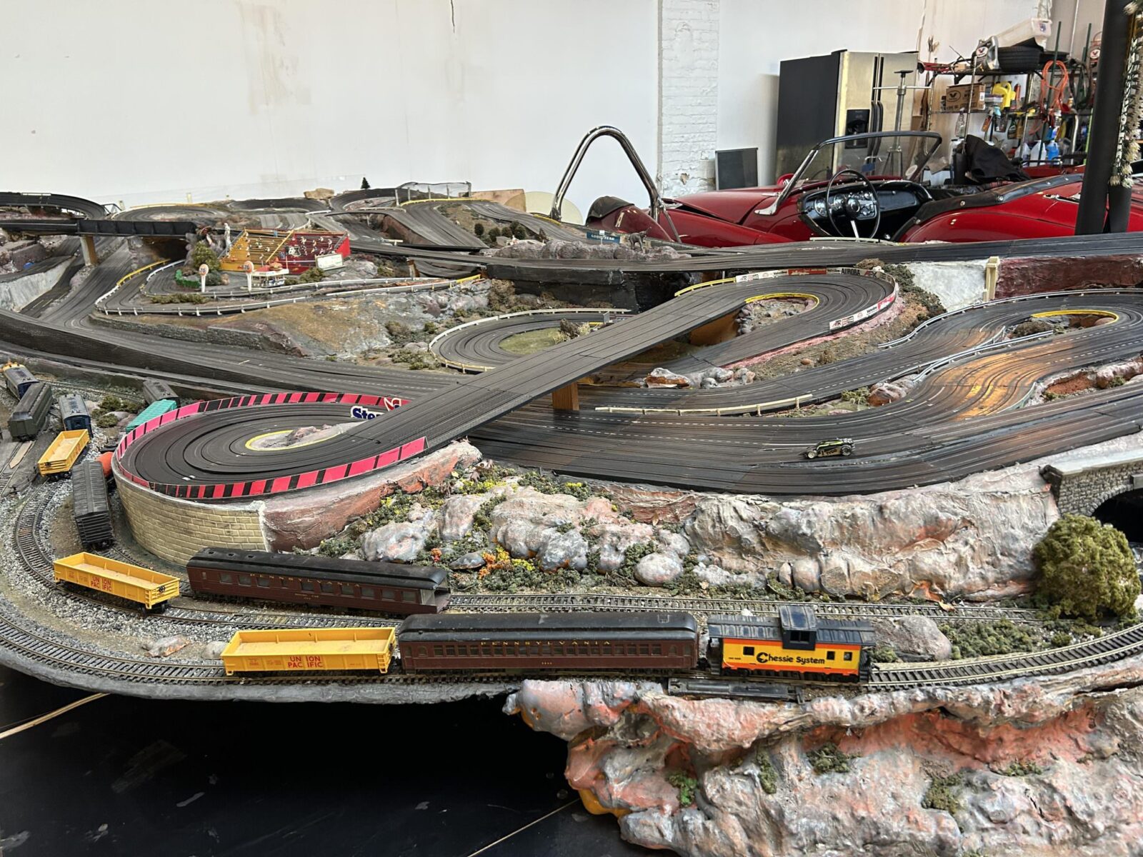 A 16 Foot Wide Slot Car Raceway (And Model Railroad Track)